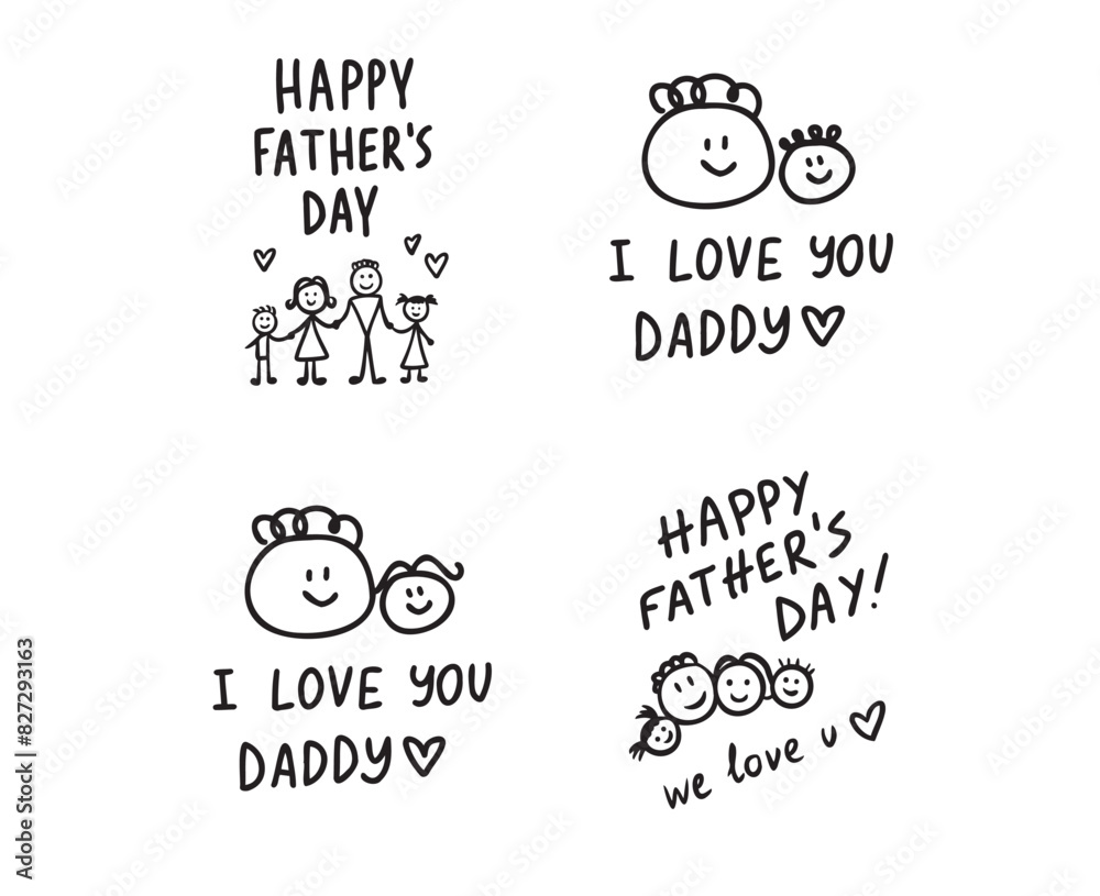 Doodle line Hand written quote Happy Fathers Day. Family smile with kid ...