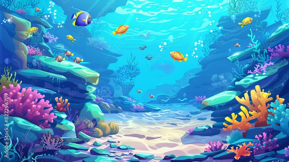 Cartoon scene with fishes in the beautiful underwater kingdom coral ...