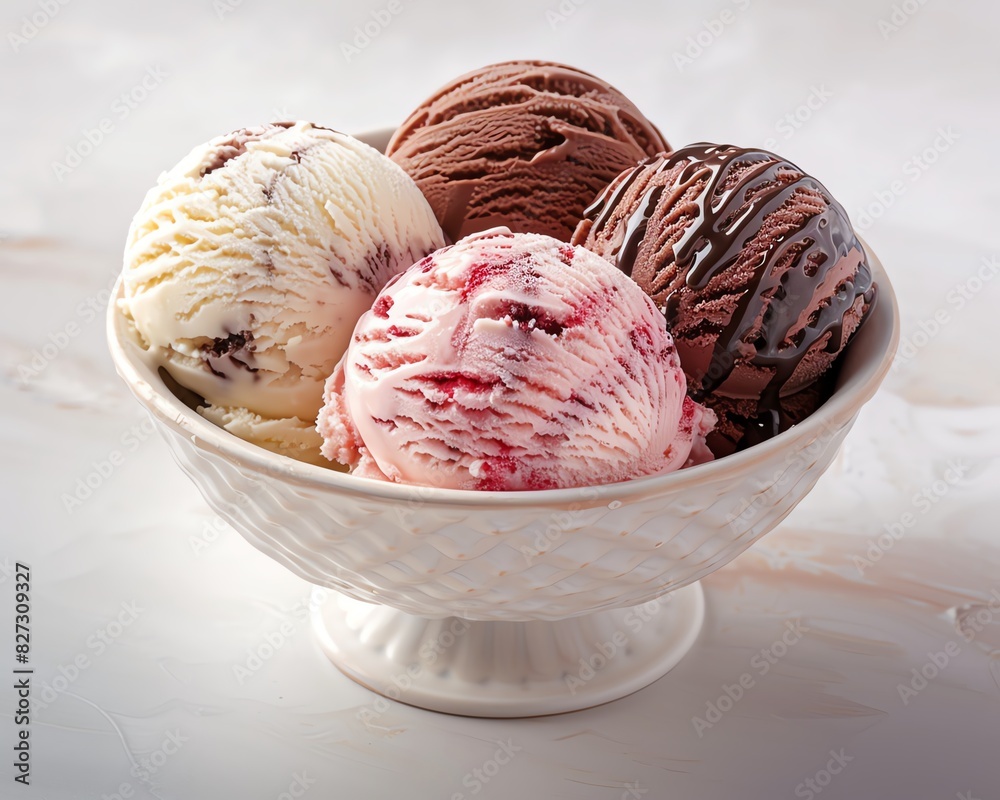 Four scoops of ice cream in a bowl, including chocolate, vanilla ...