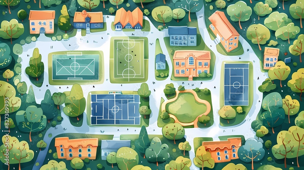 Picture a flat design of a school map showing different classrooms and ...