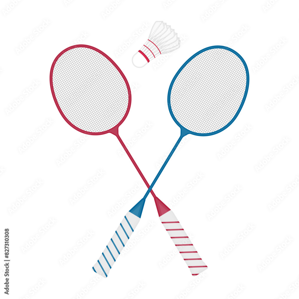 Logo. Crossed red and blue badminton rackets with a shuttlecock on a ...
