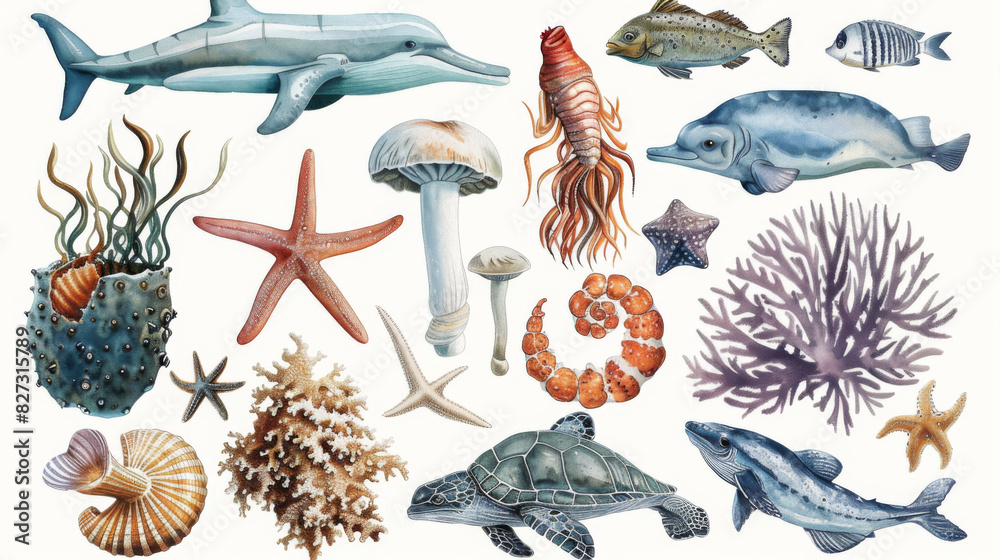 Collection of marine life illustrations including various fish ...