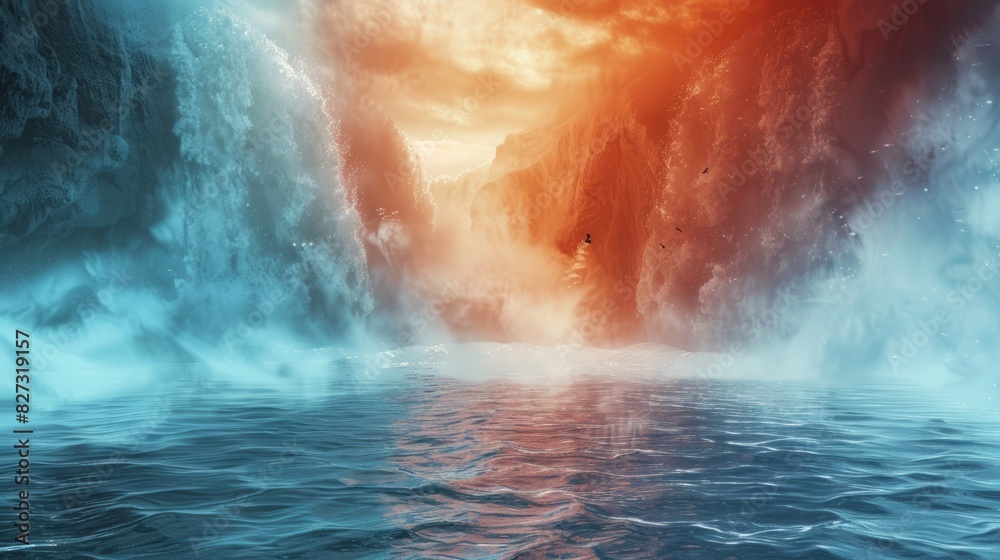 Dynamic fire and ice background with fog and dramatic godrays - 3d ...