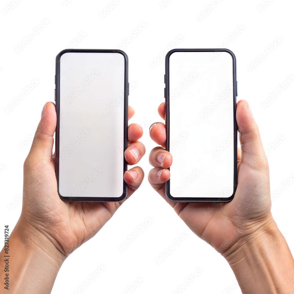 Two Hands Holding Mobile – Blank Dual Screen: Two hands holding a ...