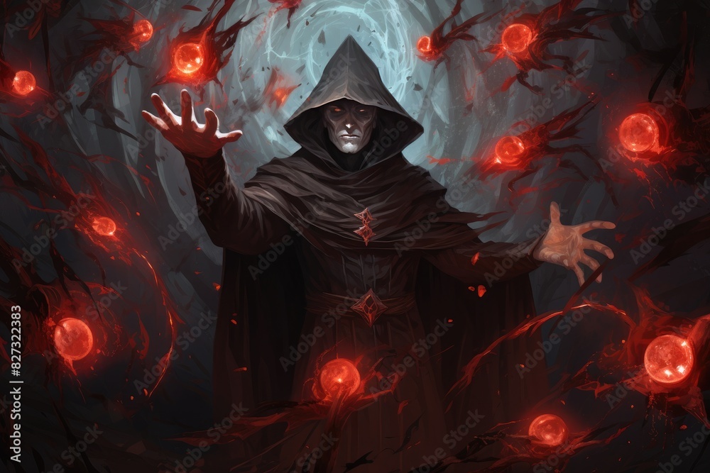 evil sorcerer casting a spell to release the black insects from his ...