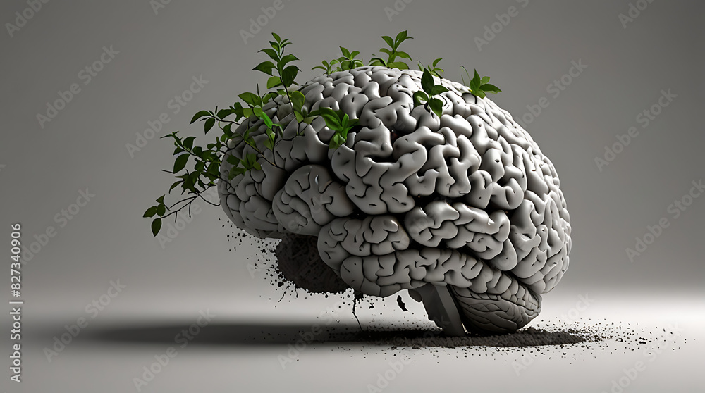 A 3d Brain model covered with mosh and growing from ground like a plant ...