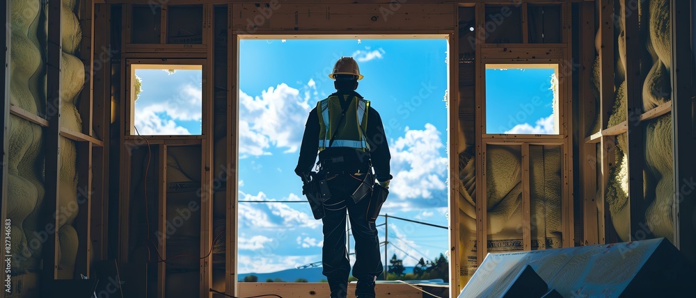 An insulation workers silhouette with a midrange view background ...