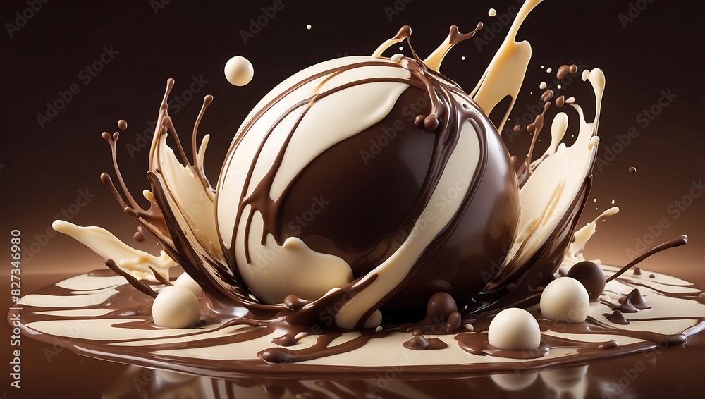 Small balls of white, dark, and milk chocolate float around the sphere ...