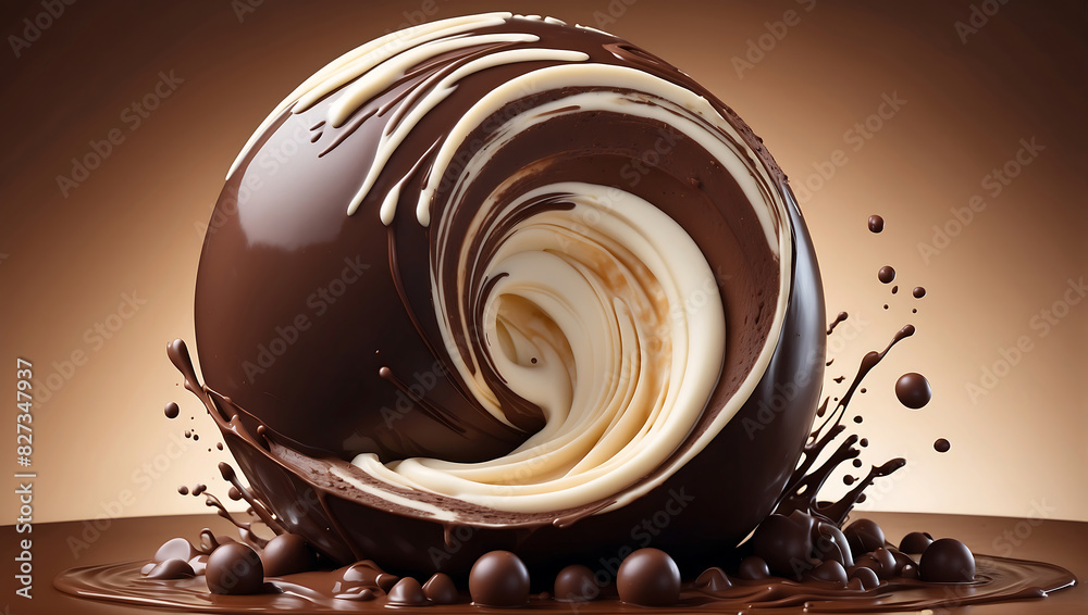 Small balls of white, dark, and milk chocolate float around the sphere ...