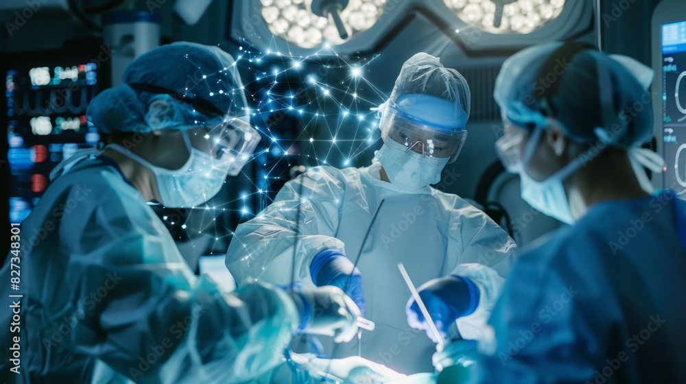 Medical team performing surgery with advanced digital assistance and ...