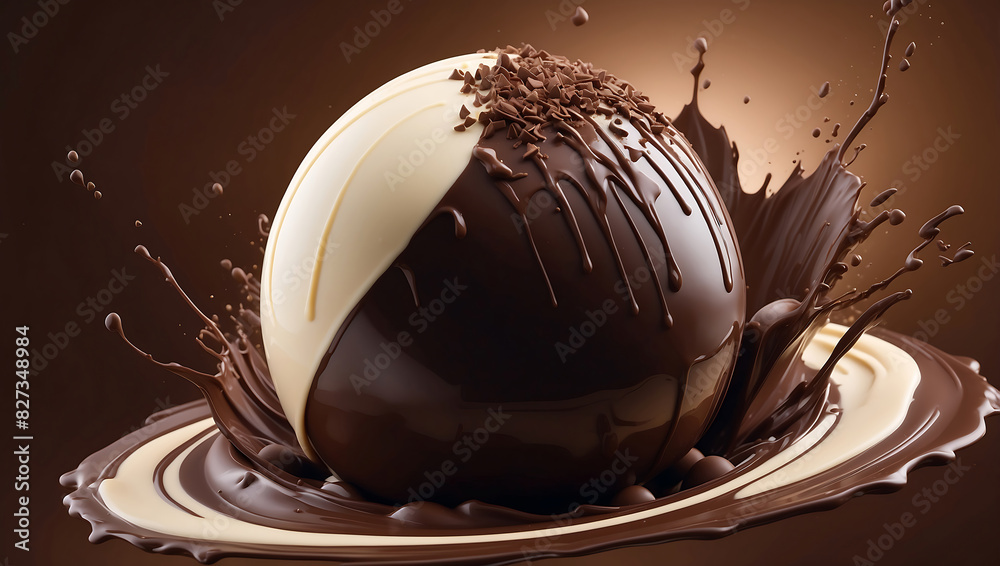 Small balls of white, dark, and milk chocolate float around the sphere ...