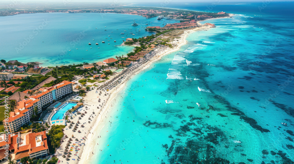 An aerial view of Aruba's famous beach, Ko Beach in Palm Beach ...