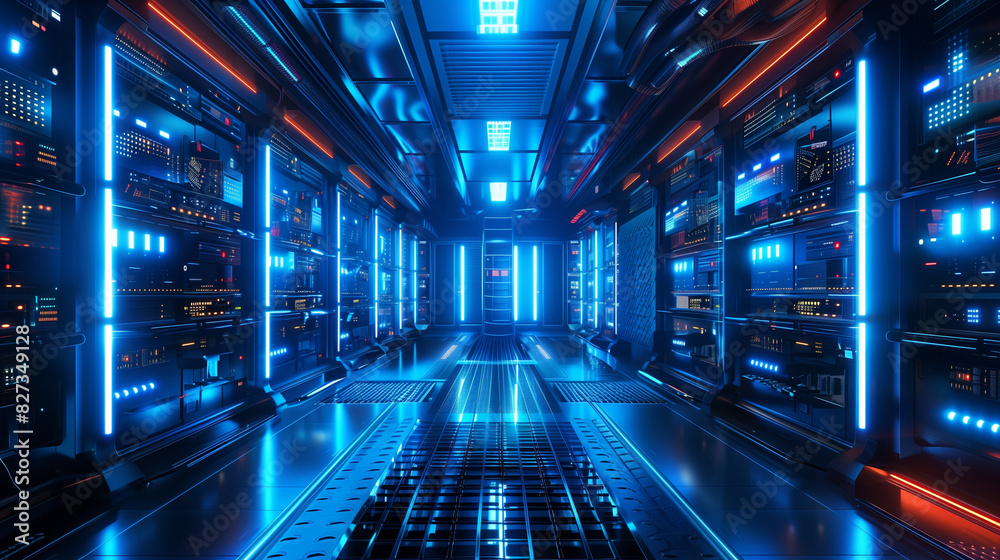 High-tech server room with futuristic blue neon lighting in a data ...