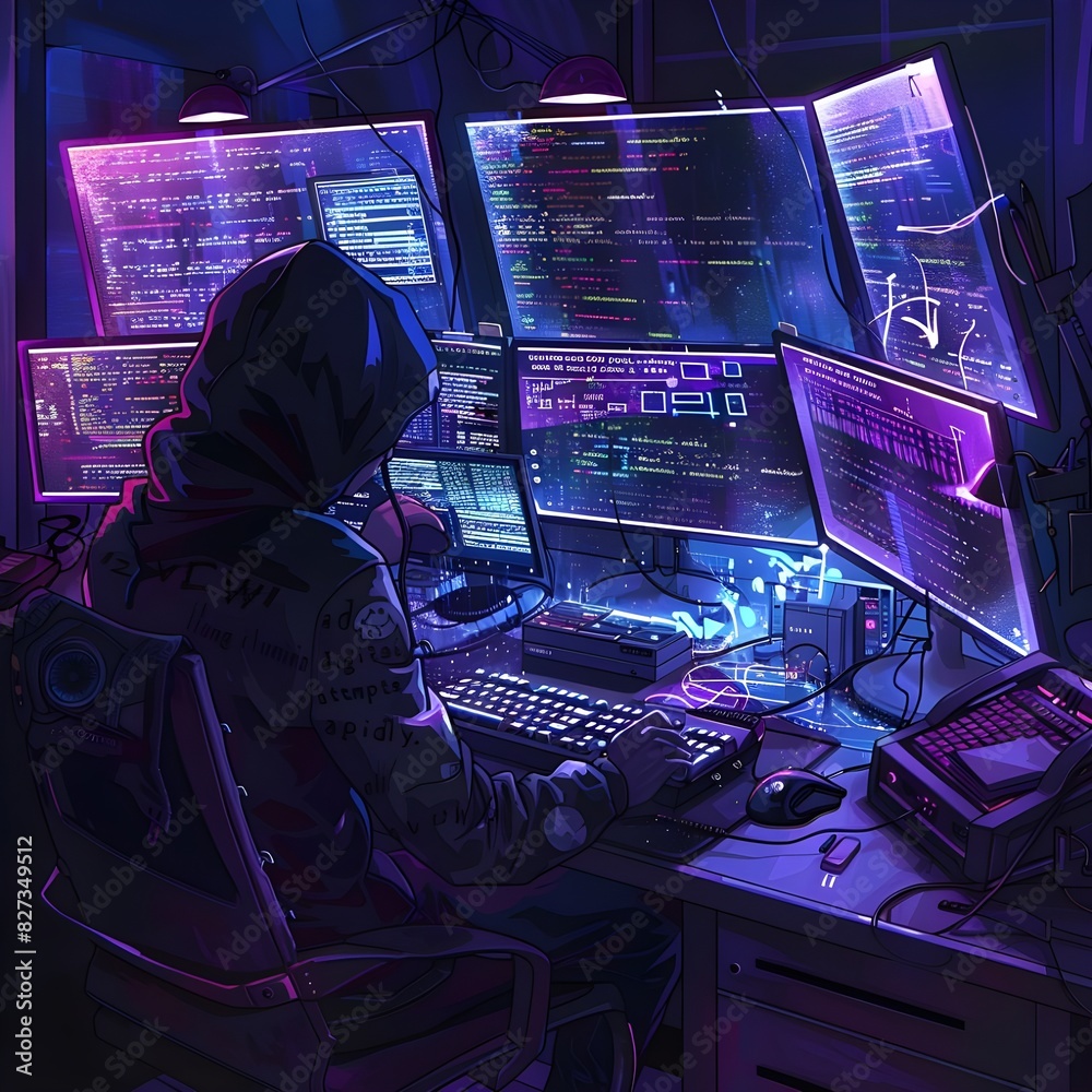 A hacker's workstation illuminated by multiple screens showing lines of code, digital schematics ...