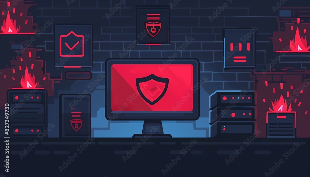 Picture a flat design of a firewall icon safeguarding a computer ...