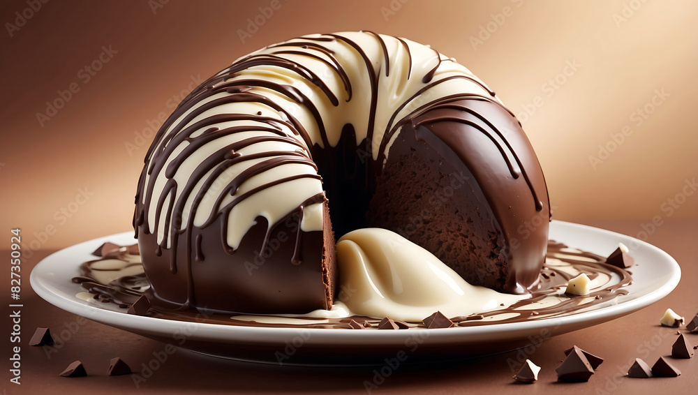 Small balls of white, dark, and milk chocolate float around the sphere ...