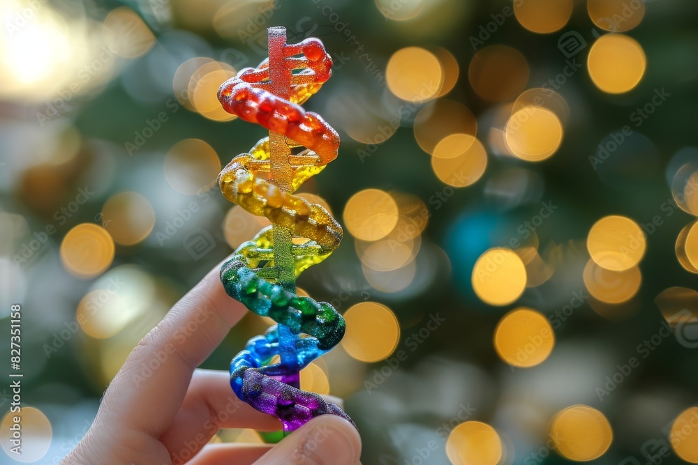 Rainbow DNA strand held in hands against a blurred green background ...