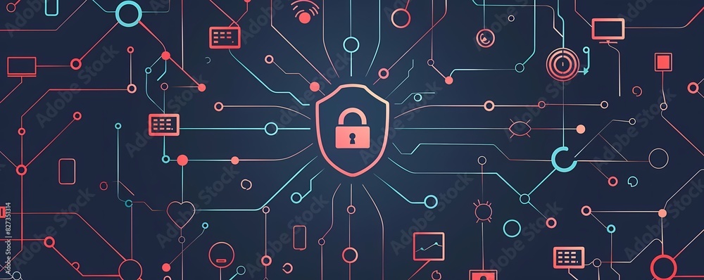 Visualize a flat design of a shield icon protecting a network of ...