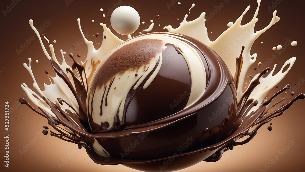 Small balls of white, dark, and milk chocolate float around the sphere ...