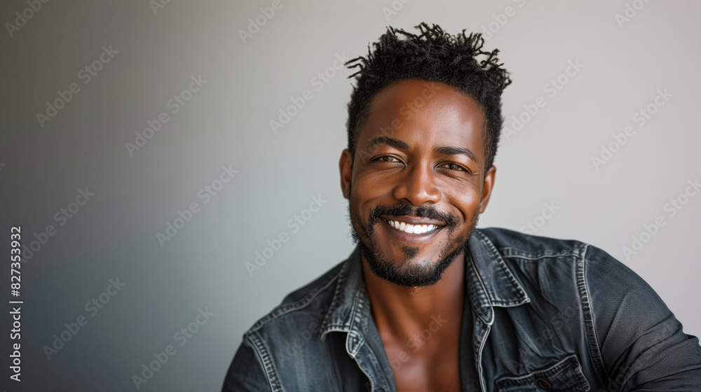 African American actor smiling on stage, plain white background Stock ...
