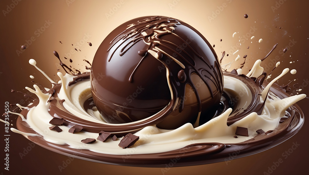 Small balls of white, dark, and milk chocolate float around the sphere ...