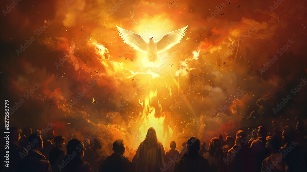 Praying people in front of a big burning fire with flying pigeons Stock ...