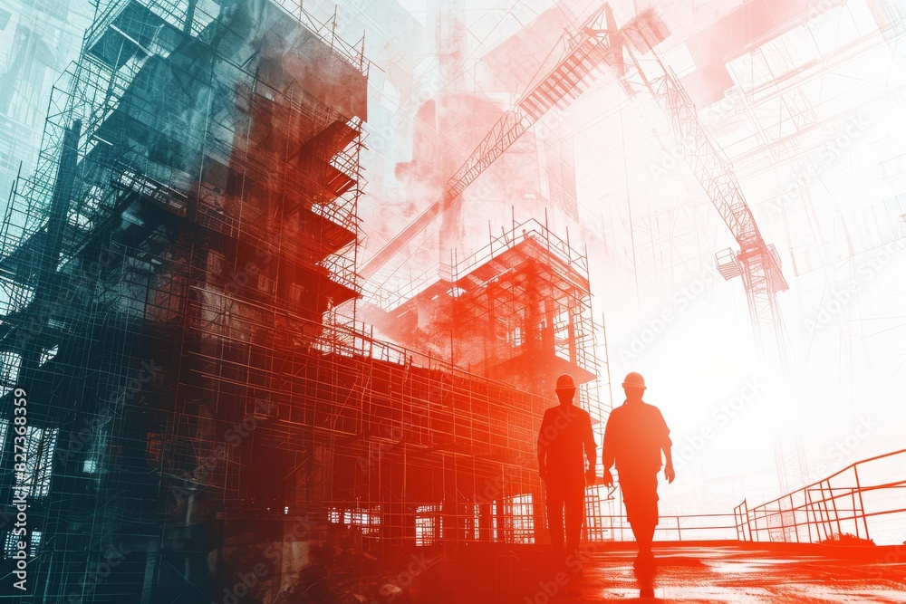 2d illustration digital building construction engineering with double ...