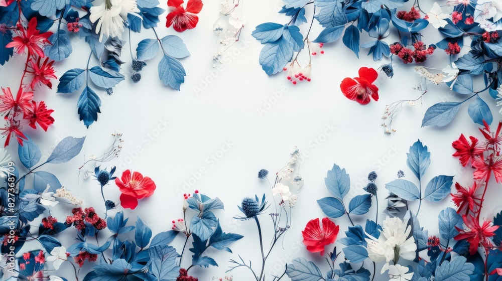 Floral Border with Red, White, and Blue Flowers on Abstract Crimson ...
