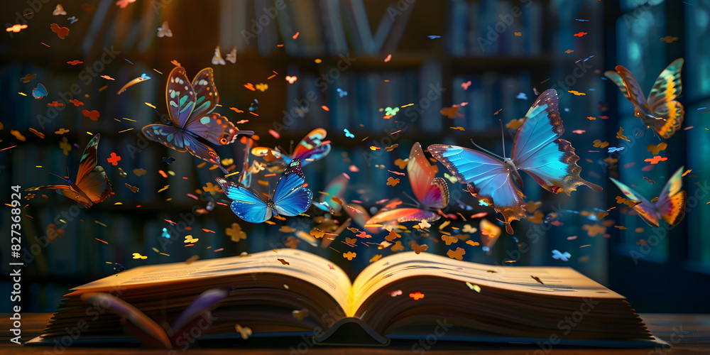 Magic book with flying butterflies Fantasy and fairy tale concept Open ...