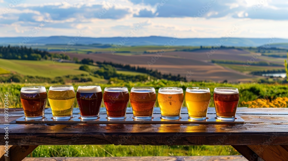 A beer flight on a rustic table at a farmhouse brewery, with a backdrop ...