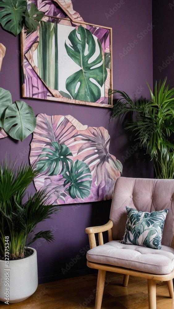 Botanical-Themed Living Room with Greenery and Tropical Art Stock ...