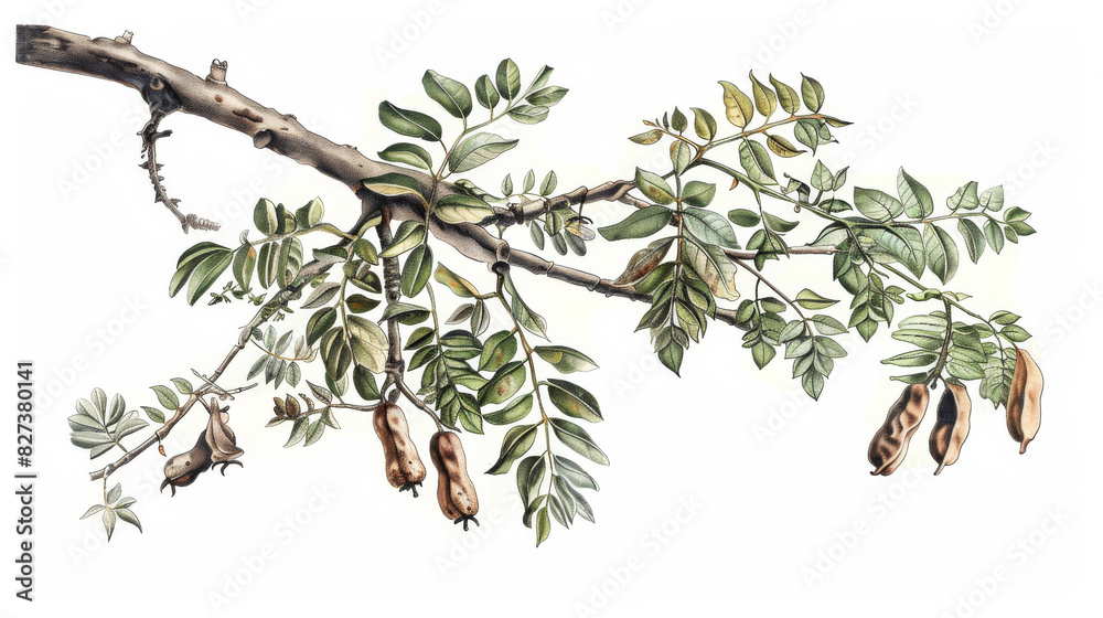 Nostalgic botanical sketch of a tamarind tree with pods.academy ...
