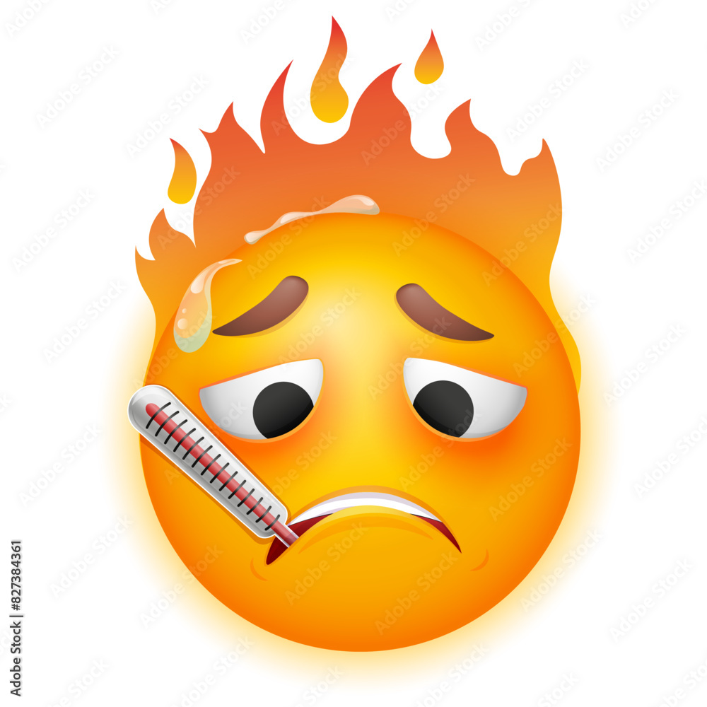 Sick emoji with thermometr on white background. Vector exhausted emoji ...