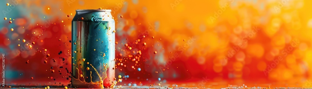 Colorful soda can with vibrant splash on fiery background, representing ...