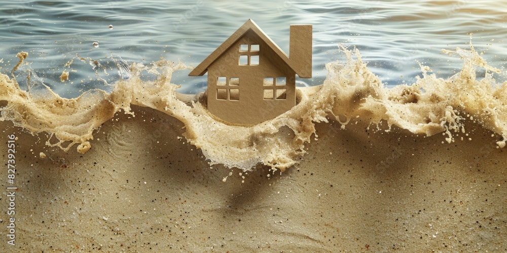 Housing market crisis shown with a house sinking into quicksand, eye ...