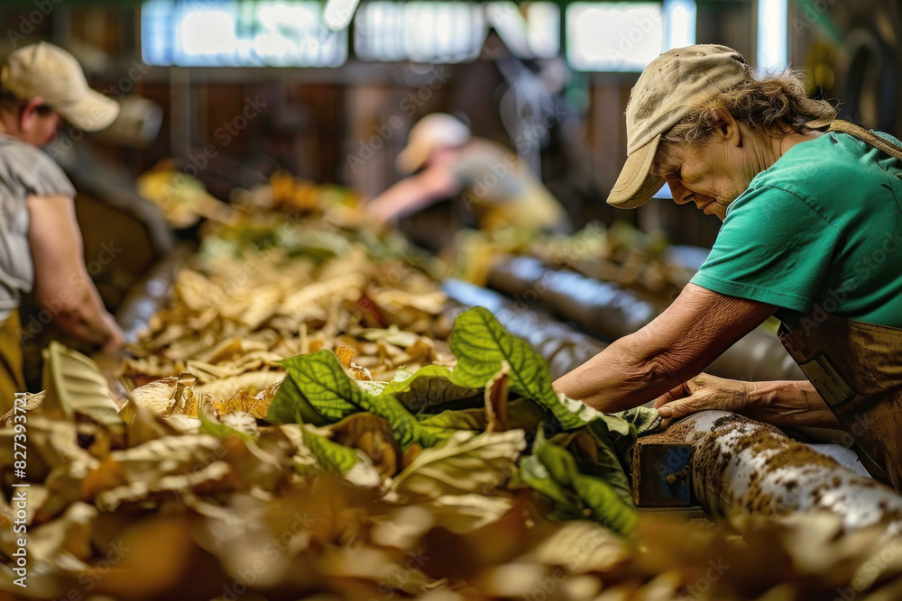 Workers in a tobacco processing plant sorting and drying leaves ...
