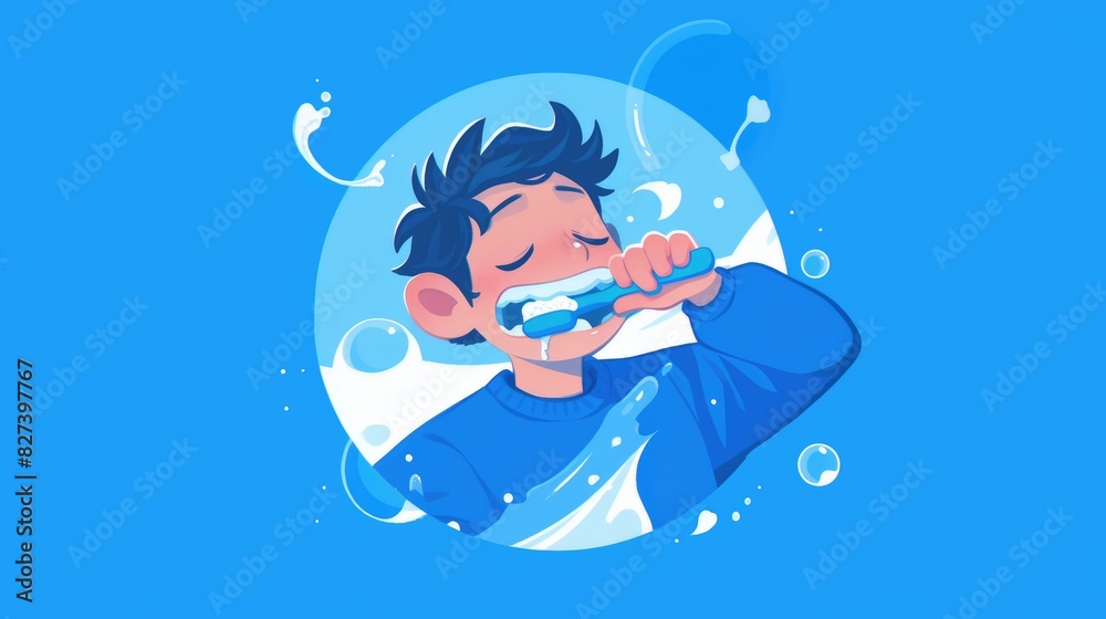 A cartoon character is shown brushing his teeth with animated hands in ...