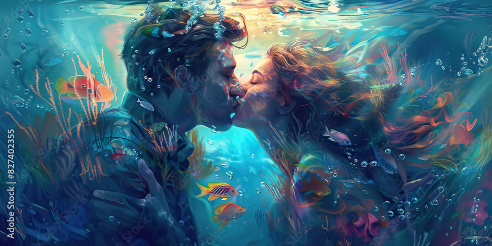 Underwater Kiss: A couple sharing a kiss underwater, with pastel ...