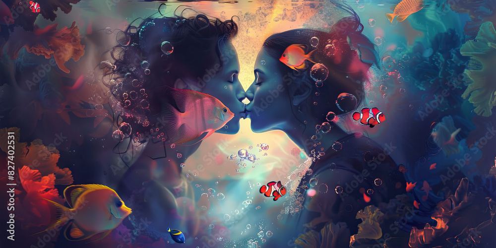 Underwater Kiss: A couple sharing a kiss underwater, with pastel ...