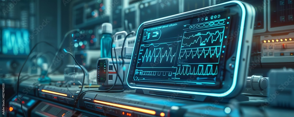 3D rendering, digital display of ECG monitor with holographic ...