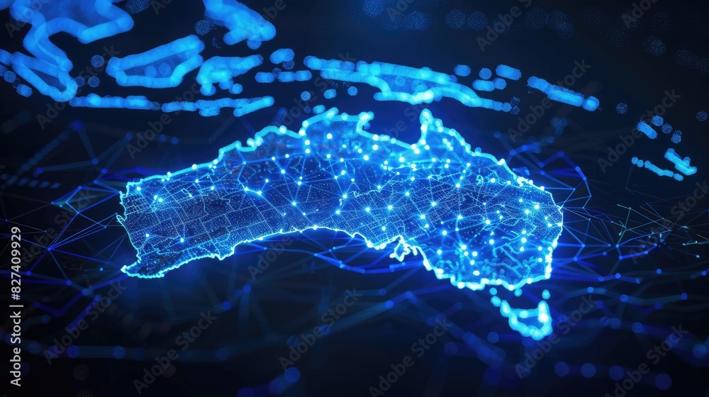 A blue map of Australia with a lot of lines and dots. The map is very ...