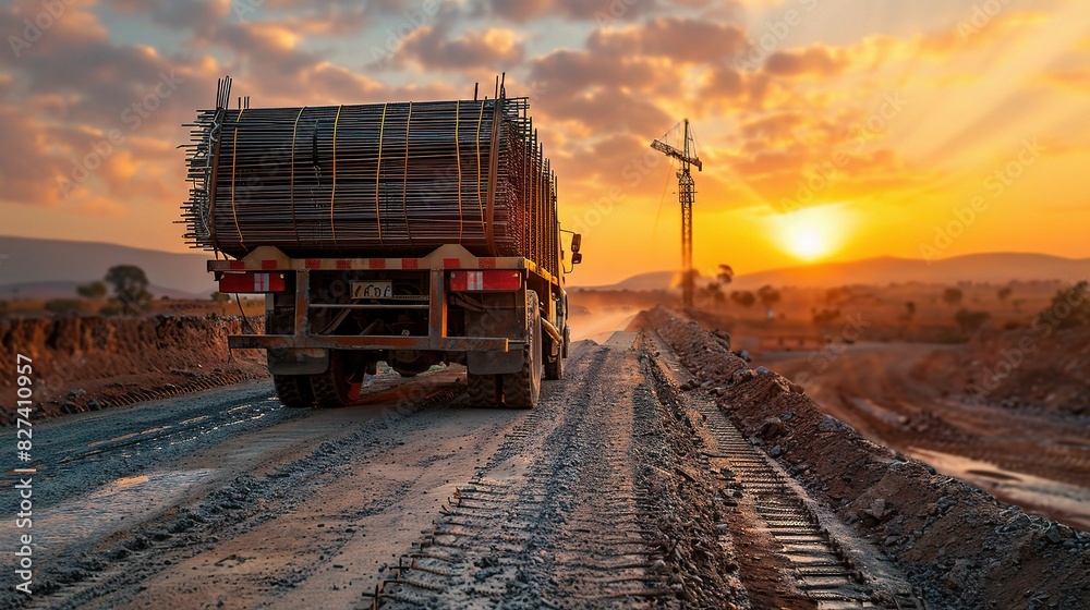 construction truck loaded with steel rebar and mesh, essential ...