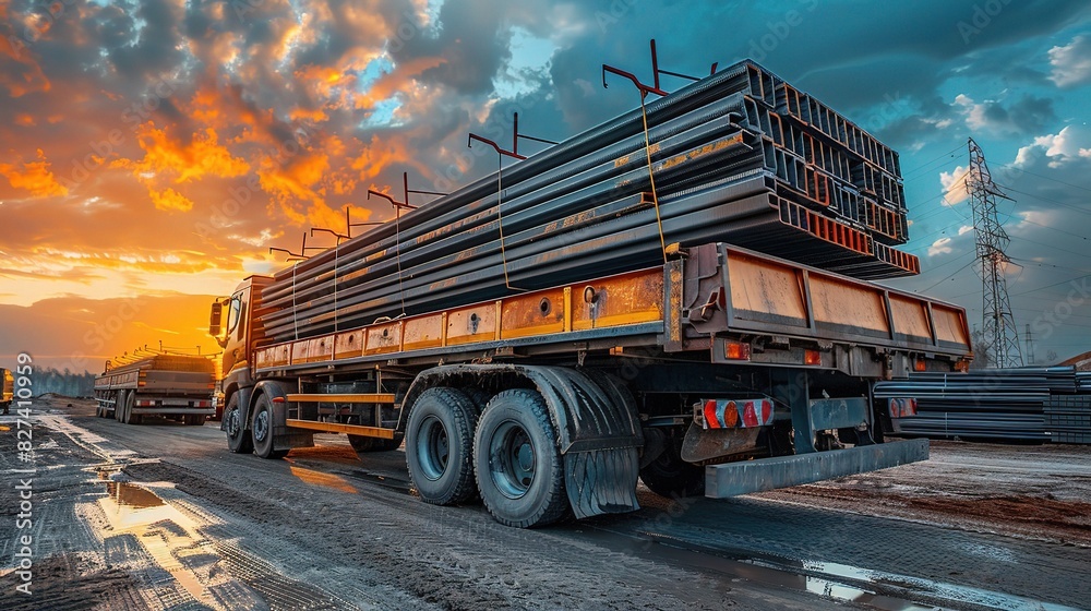 construction truck loaded with steel rebar and mesh, essential ...