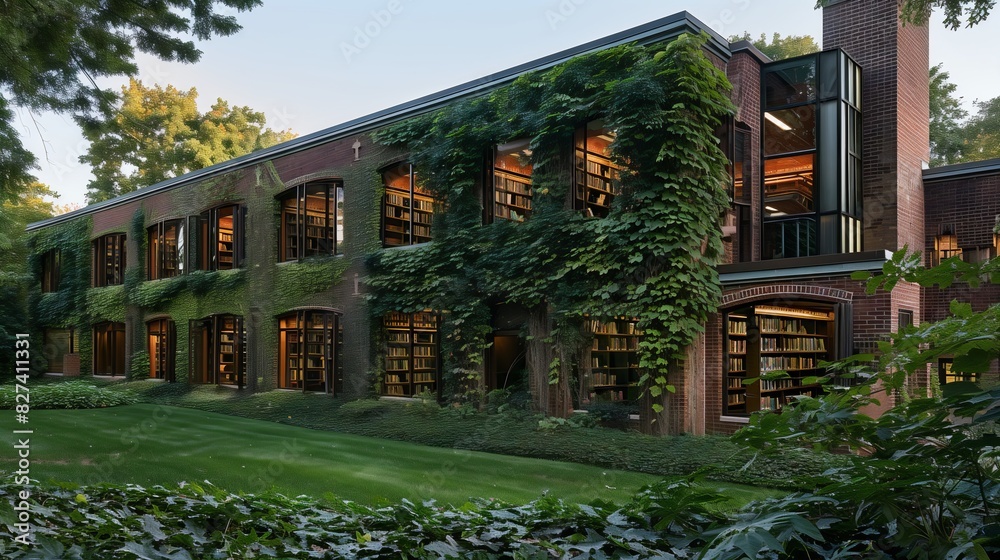 Ivy-clad brick library nestled in a lush campus; open windows reveal ...