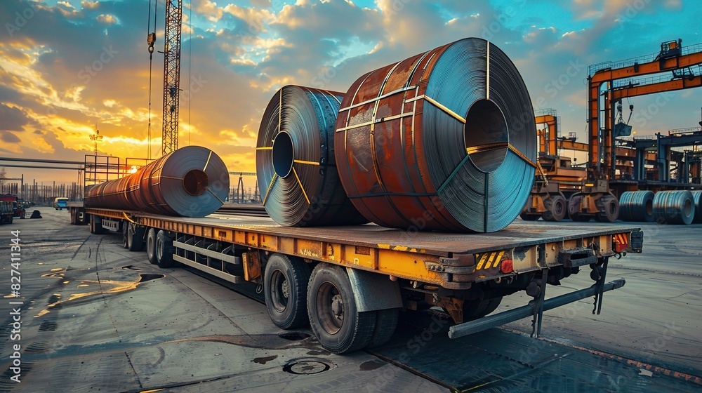 construction truck transporting steel coils and sheets to the ...