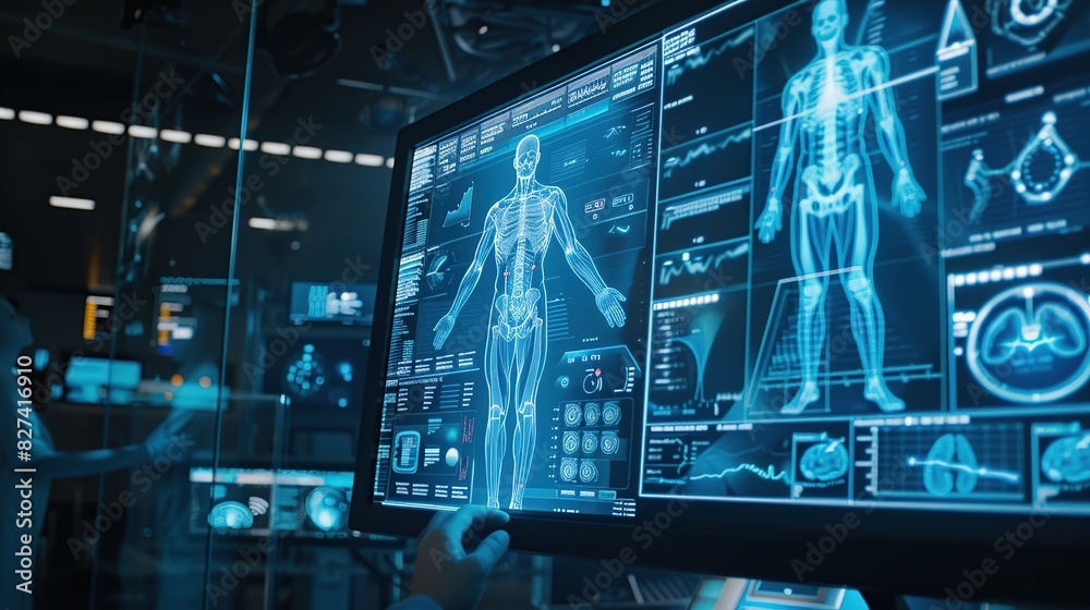 Computer monitor displays human body and brain skeleton. The skeleton ...