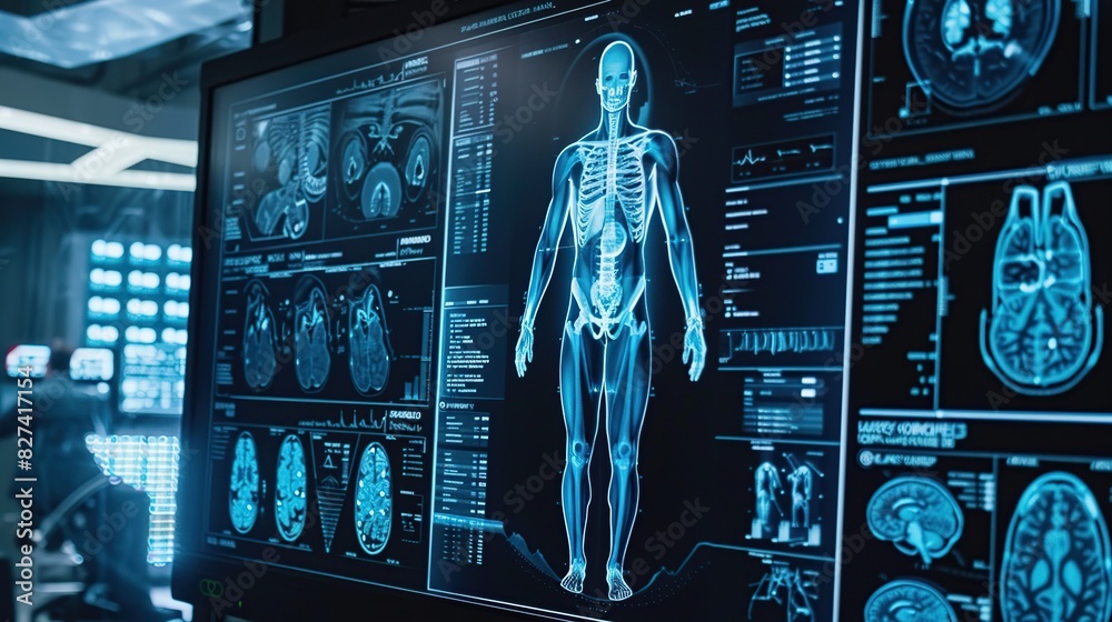 Computer monitor displays human body and brain skeleton. The skeleton ...