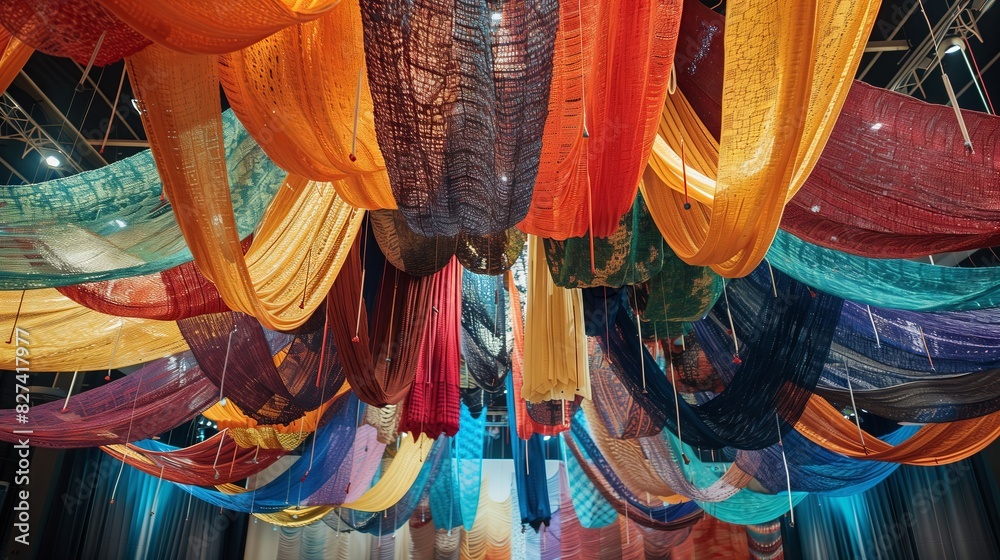 Textile art installations cascade from ceilings, creating a vibrant and ...