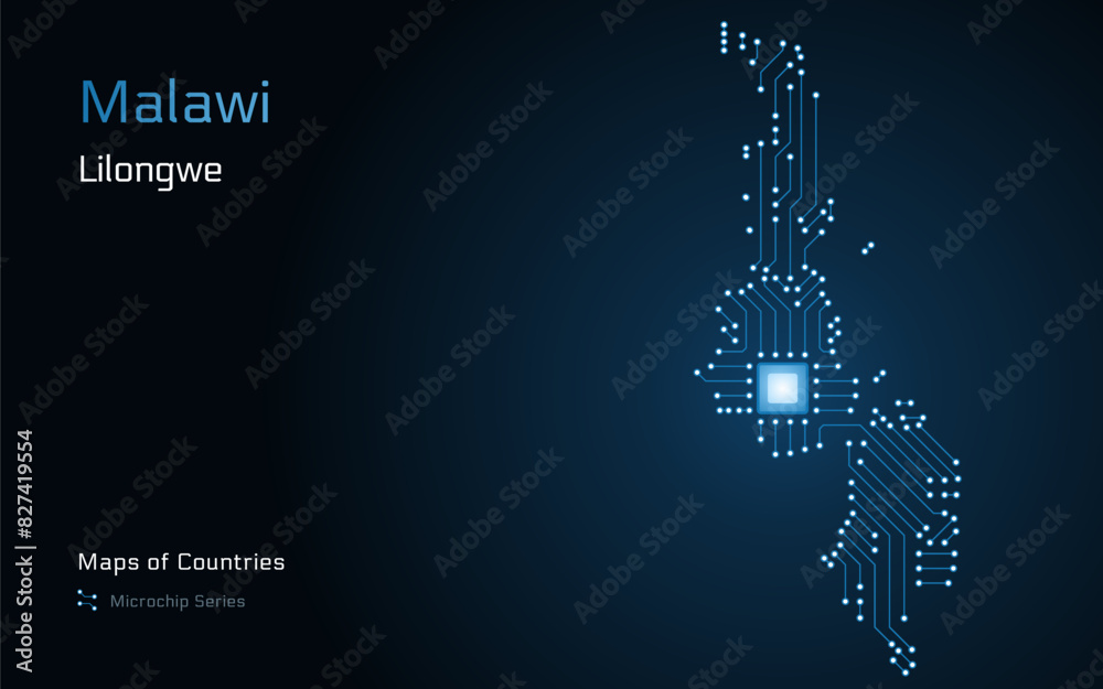 Malawi Map with a capital of Lilongwe Shown in a Microchip Pattern. E ...