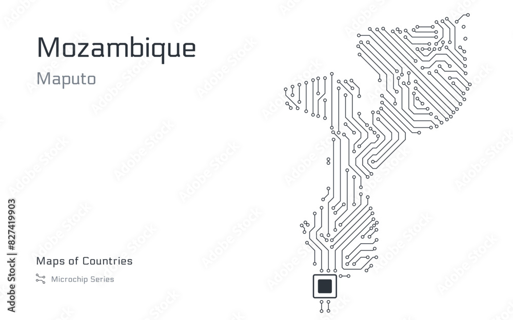 Mozambique White Map with a capital of Maputo Shown in a Microchip ...